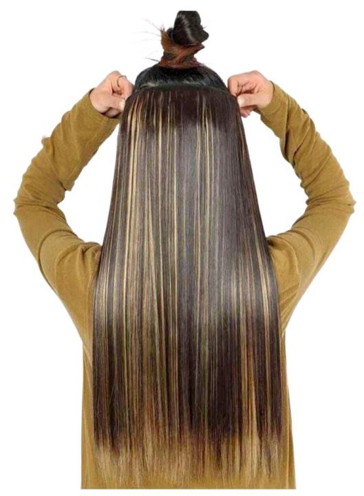Long Straight Synthetic Hair Extension Piece (Highlight Golden ...
