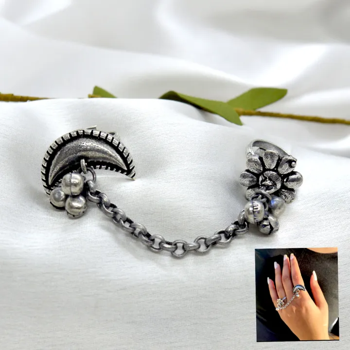 Jewels of Nepal Crescent Moon & Flower Designed Double Finger Ring For ...