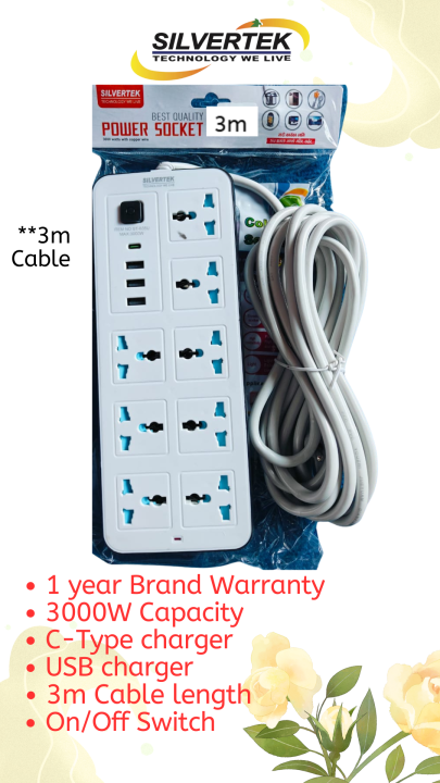 3000W Silvertek (Big) Multiplug with 1-C-Type, 3-USB & 8 charging port | 3 & 5 meter wire ...