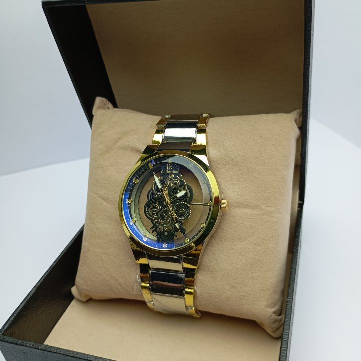 Authentic Skeleton Quartz Watch Stainless Steel Black Two Tone Strap ...