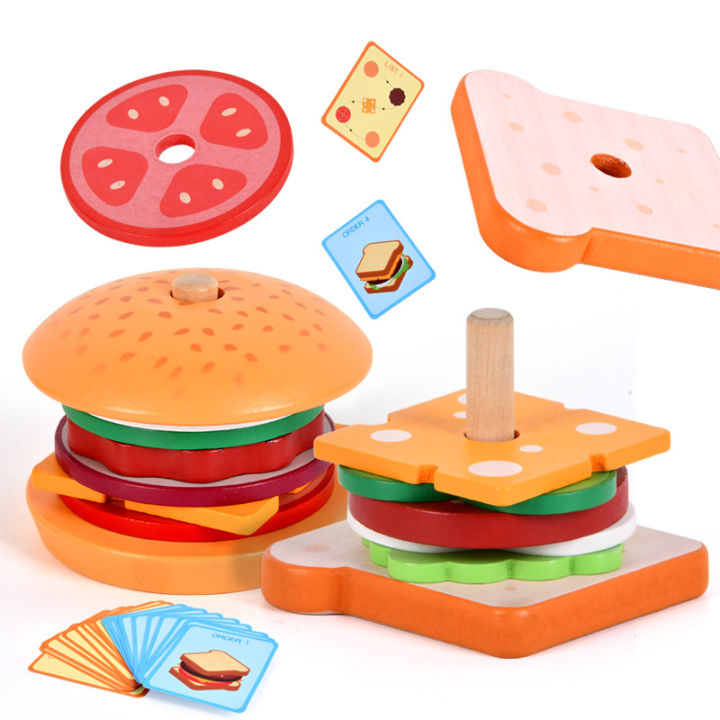 Montessori Toy For Kids,Wooden Hamburger Sandwich French Fries Sorting ...