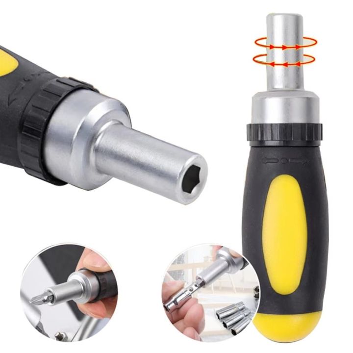 NEW Yellow Ratcheting screwdriver Rubber Straight Handle Positive and ...