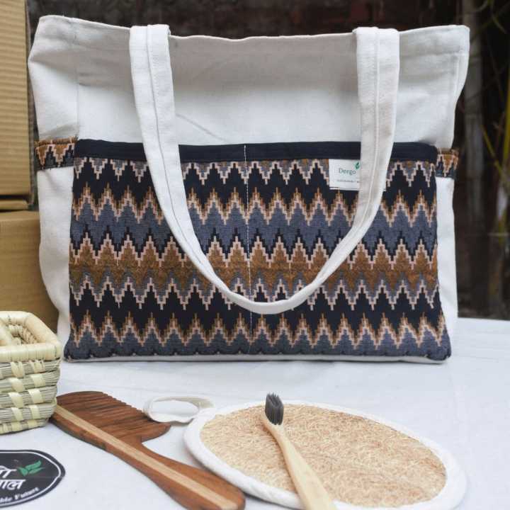 Deego Nepal Multi-Compartment Large Spacious Tote Bag In Off-White Color Dhaka Patch | Daraz.com.np