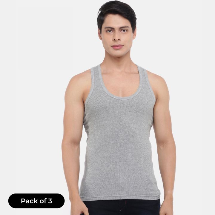 (Pack of 3) Dollar Bigboss Men Grey Sleeveless Derby Cotton Vest Sando ...