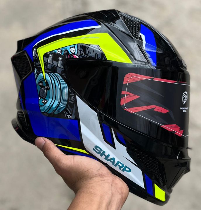 Steelbird Sharp Printed Gloss Black White Blue Full Face Motorcycle ...
