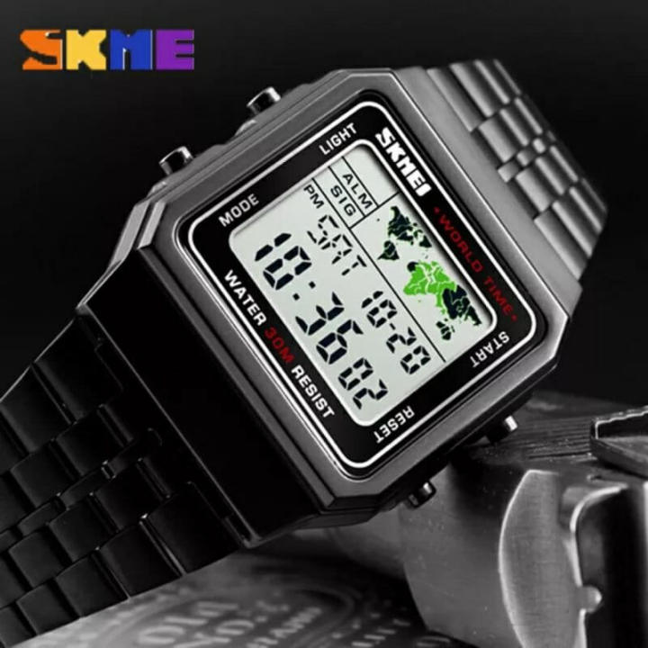 SKMEI 1338 Men's Stainless Steel Countdown Time Zone Waterproof LED ...