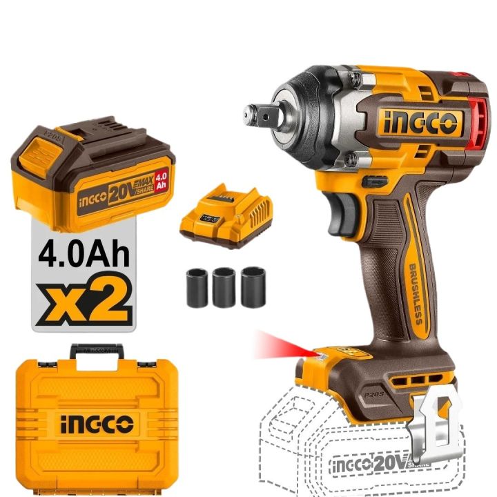 Ingco Cordless Impact Wrench Brushless Motor Voltage 20V Square Drive 1 ...