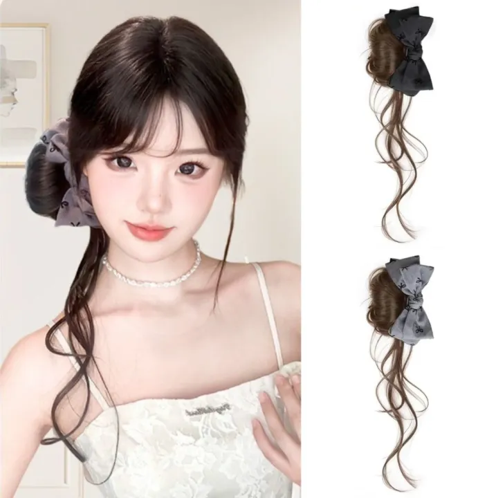 Fluffy Bun Hair Bag Synthetic Hair Bow Dragon Beard Bun Black Brown Wig ...