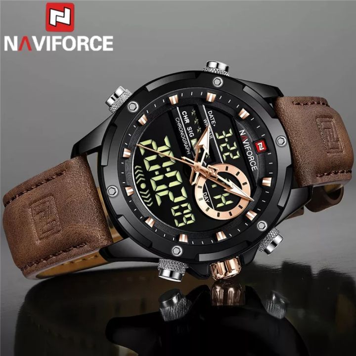 NaviForce NF9208 Men's Dual Display LCD Leather Strap Complete Calendar ...