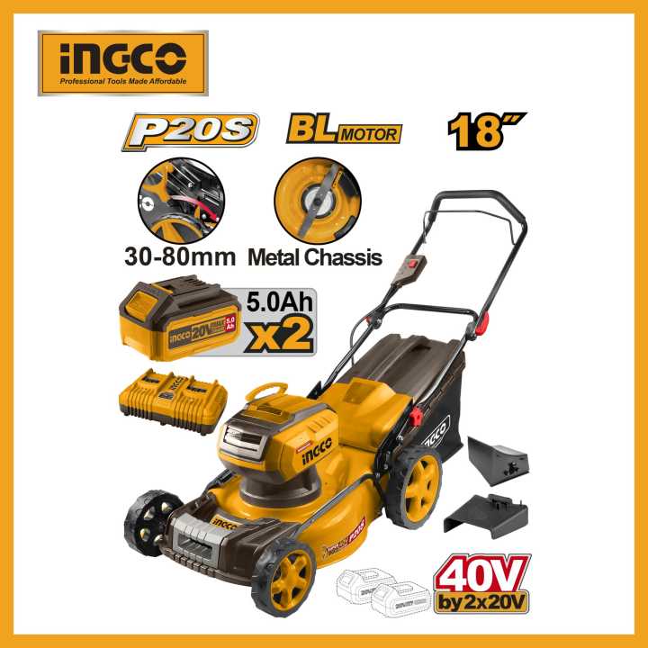 INGCO 40V Brushless Cordless lawn mower With 2 Pcs 5.0Ah battery pack and 1 Pcs dual-port ...