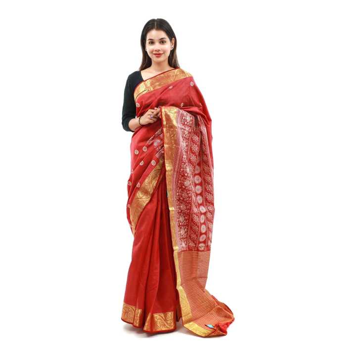 Maroon Silk Printed Golden Bolder Border Design Saree For Women | Daraz ...