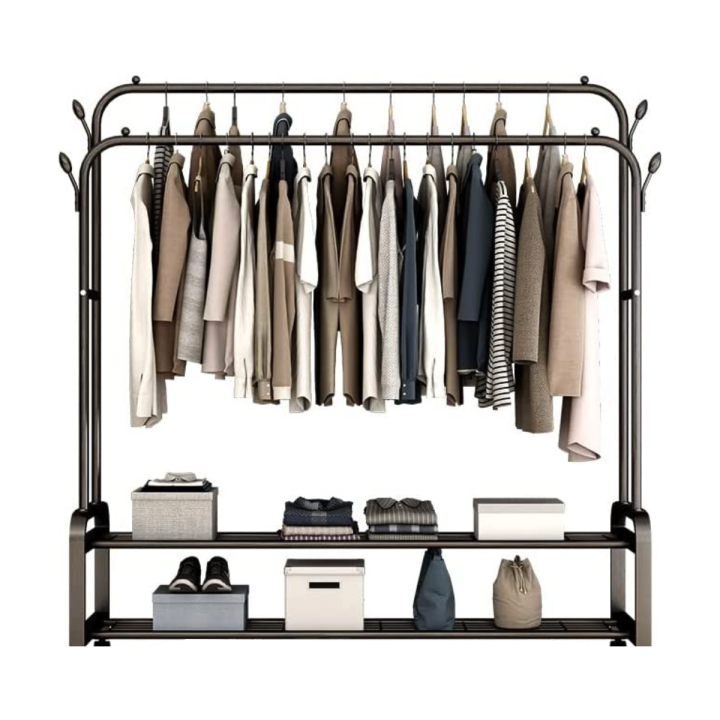 Double Railing and Shelves Heavy Duty Full Body Iron Coat Rack With ...