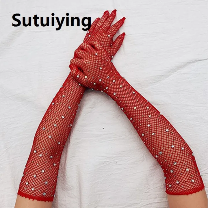 Sutuiying Black White Red Long Mesh Gloves With Rhinestones Hollow ...