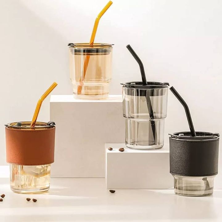 Slub Glass Coffee Mug with Straw Green Tea Sipper Tumbler Mug with Lid ...