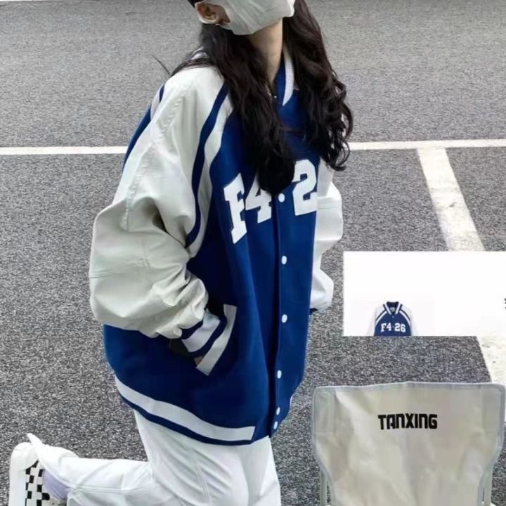 Punk Pullover Baseball Jacket Coat Letter Long Sleeve Women Oversize ...