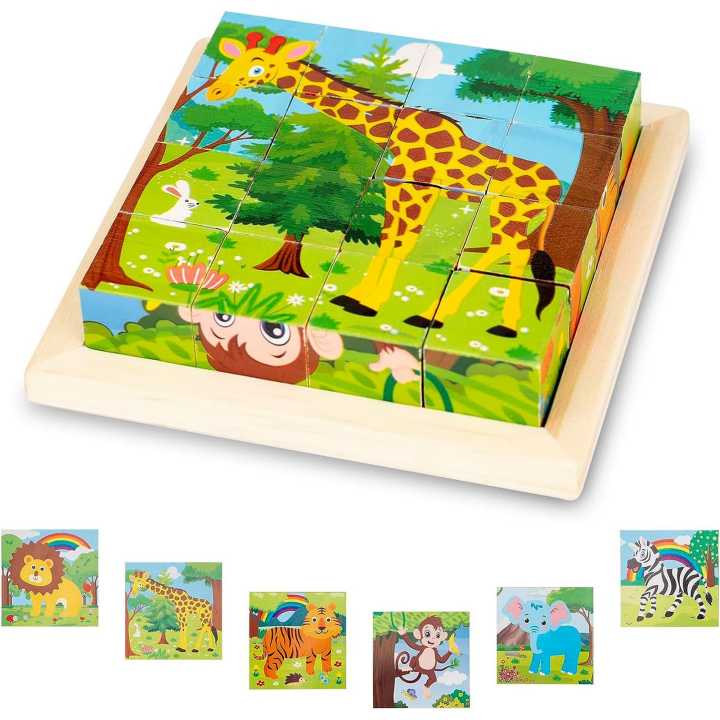Cute Baby- 6-in-1 Colorful Wooden Multi Puzzle Wild Animal Puzzle for ...