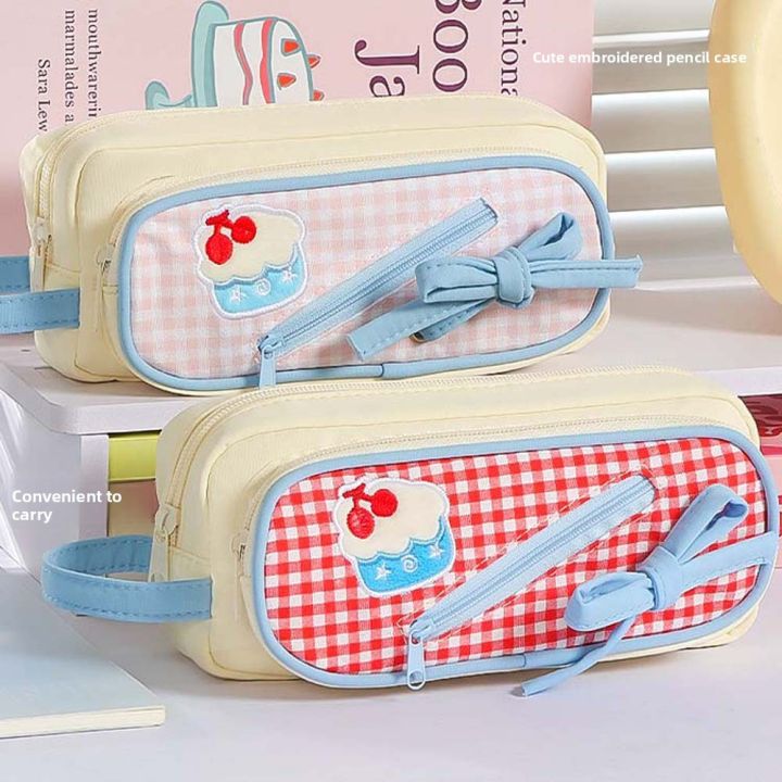 Y2K Sweet Handheld Bow Stationery Bag Embroidery Desktop Storage Pencil ...