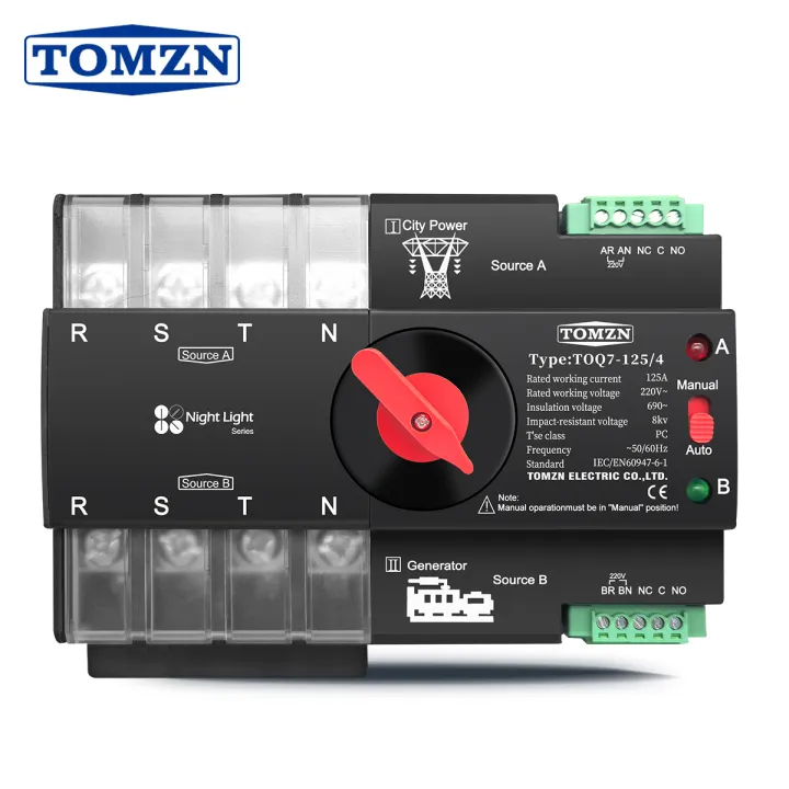 TOMZN 3-Phase DIN Rail ATS 4P 125A Dual Power Automatic Transfer Switch ...