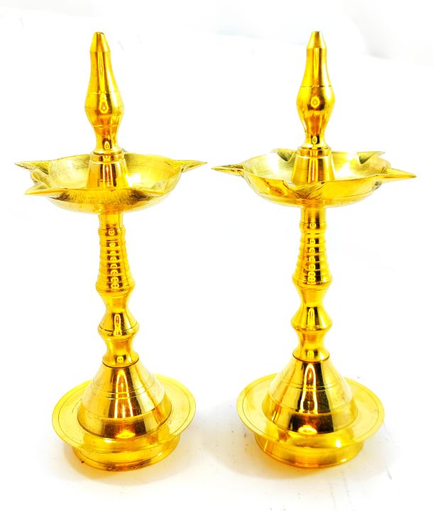 Golden Brass Stand Diyo Batti 21.5 cms(Set Of Two) Pital Diya For Pooja ...