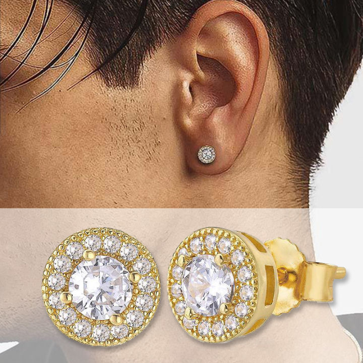 Hip Pop Rock Earrings for Men Simple Round Classic Cubic Zirconia Gold ...