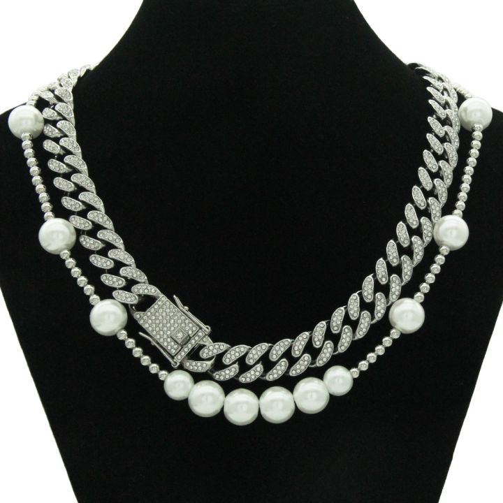 GBL European Metal Cuban Link Chain Necklace Thick Type Pearl Full ...