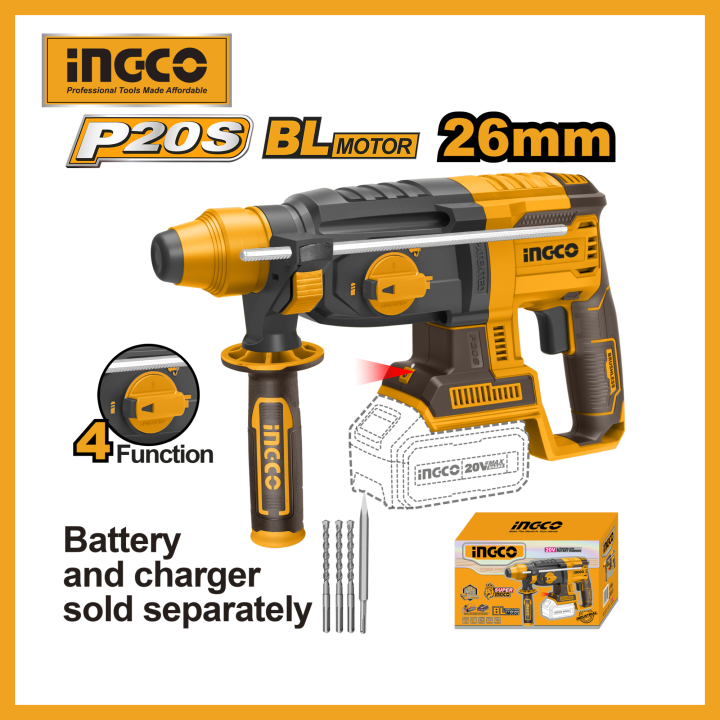 INGCO P20S 20V Brushless Cordless Rotary Hammer Drill with SDS Plus ...