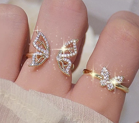 2 pcs/ Set Shiny Rhinestone Butterfly Ring for Women Butterfly Wing ...