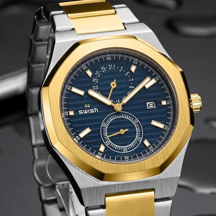 Men's Octagonal Shape Chronograph Day Date Display Stainless Steel ...