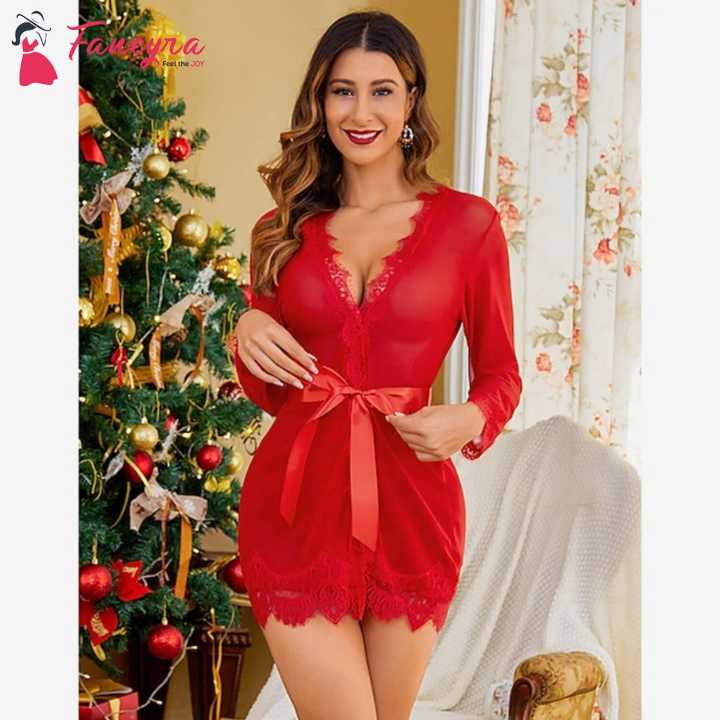 Fancyra Women Mesh Lace Lingerie Robe Gown Bathrobes Nightwear Free ...