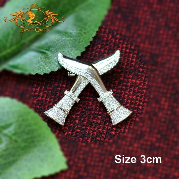 American Diamond Stone Double Cross Khukuri Brooch for Men, Silver ...