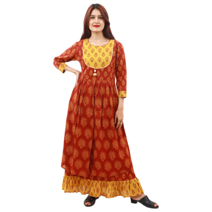 Soch Brand Maroon And Yellow Colour Floral Design Cotton Gown For Women ...