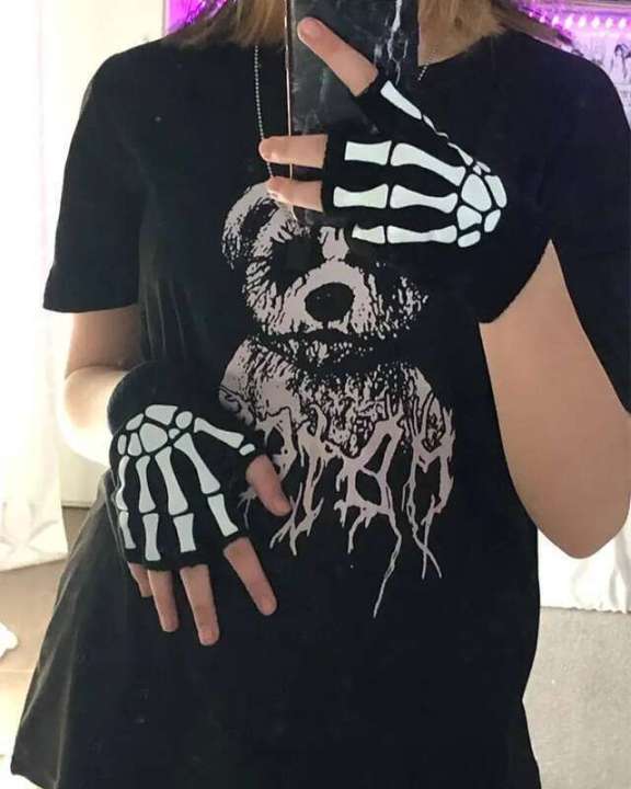 New Punk Unisex Halloween Skeleton Skull Half Finger Gloves In The Dark ...