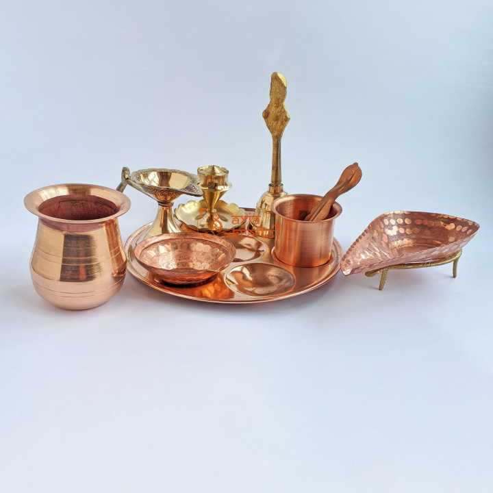 Axia Krafts Brass Copper Puja Set All in One Complete Combo ( Medium ...