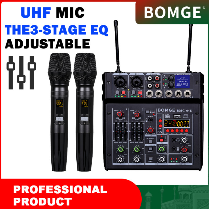 BOMGE 04E karaoke Audio mixer ,4 Channel Sound Mixer With Dual UHF Wireless Mic, Sound Board ...