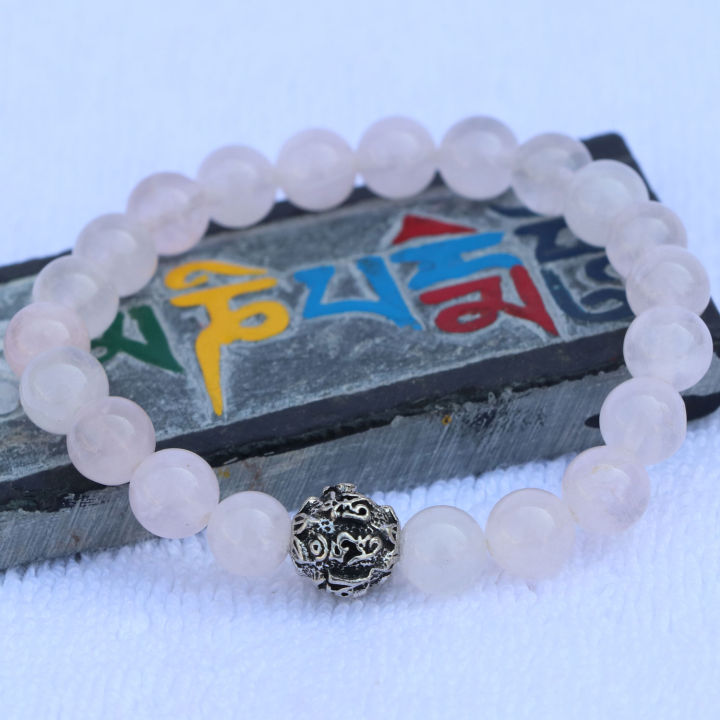 Unisex Wisdom Mantra Rose Quartz Stone Wrist Mala/ Bracelet- Lotus ...
