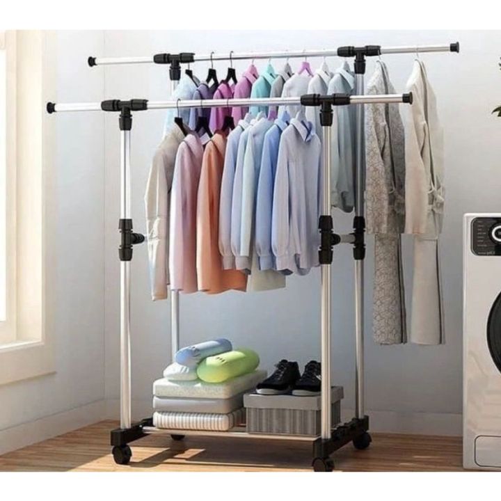 Double Pole Multifunctional Clothes Hanger Stand Portable Clothes Rack ...