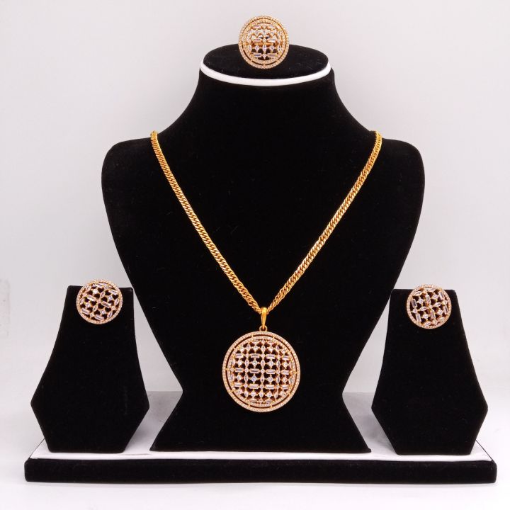 Abhushan Gallery Panchadhatu Gold Plated Round Net Design Full White Zircon Jewellery Set For ...