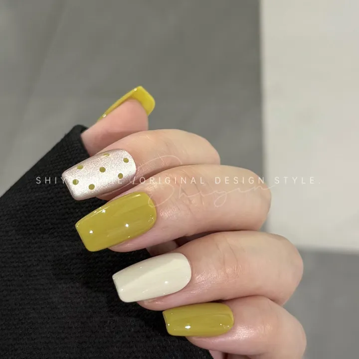 A339 bean paste green polka dot cat's eye time sound handmade nail ...