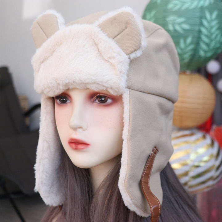 Fashion Winter Bear Ear Pilot Hat Plush Warm Faux Fur Pilot Cap Skiing ...