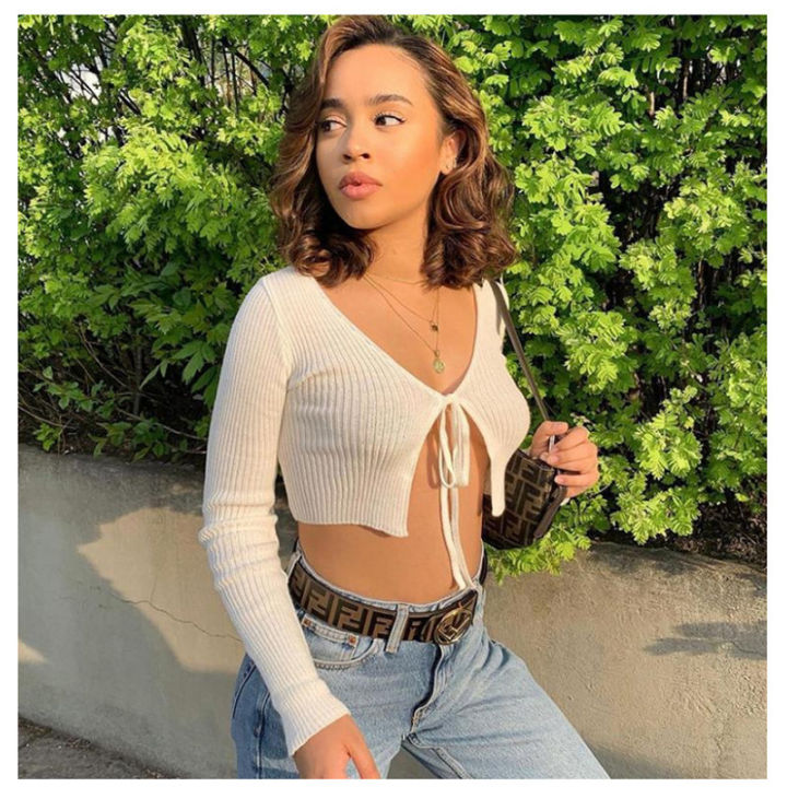 Top, long sleeve, open chest, summer top, short] New product on the ...