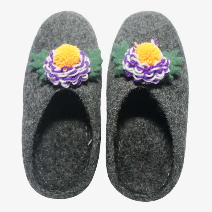 Drak Grey Color Fleece Slipper With Floral Design For Kids | Daraz.com.np