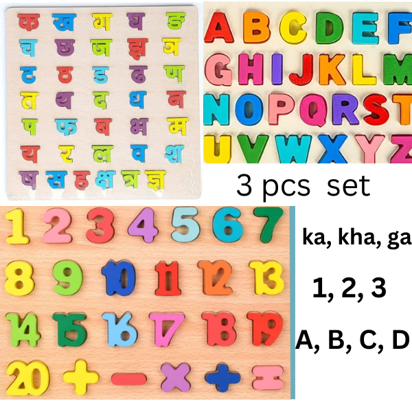 3 in 1 Wooden Educational Puzzle Combo Set – ABC Alphabet, Ka Kha Ga Nepali Letters & 123 ...