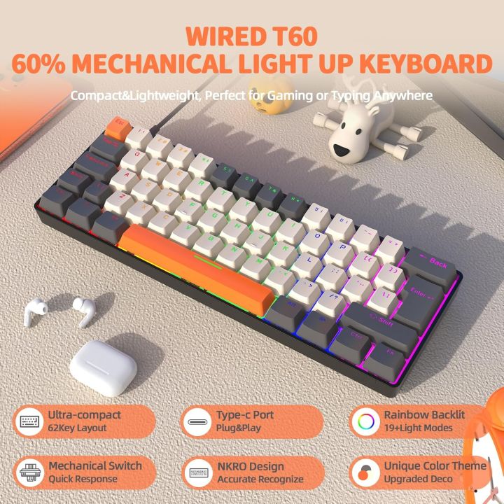 T-WOLF New T60 Mechanical Keyboard TYPEC port key line separation mixed ...