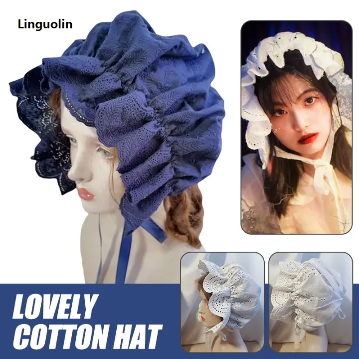 Linguolin Women Girls Lolita Bonnet Ruffled Hat Vintage 19th Century ...