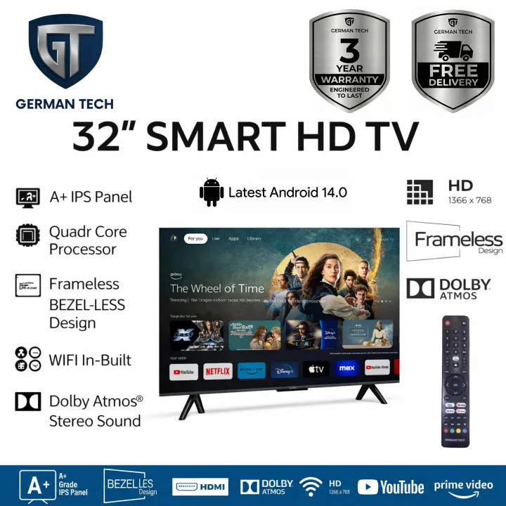 German Tech 32 Inch Smart TV (GT32S109HD) | Latest Android 14 | A+ ...