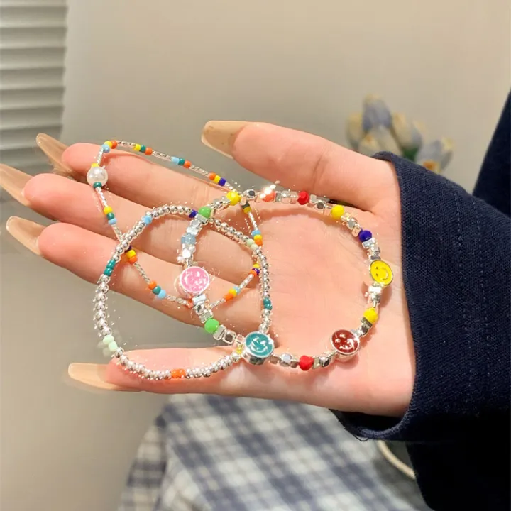 Dopamine color beaded smiley face bracelet women's light luxury niche ...