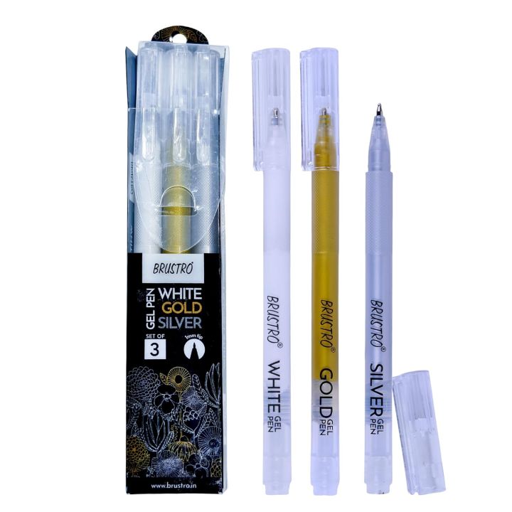 BRUSTRO Assorted Gel Pen (White, Gold and Silver)|1mm Metal Tip ...