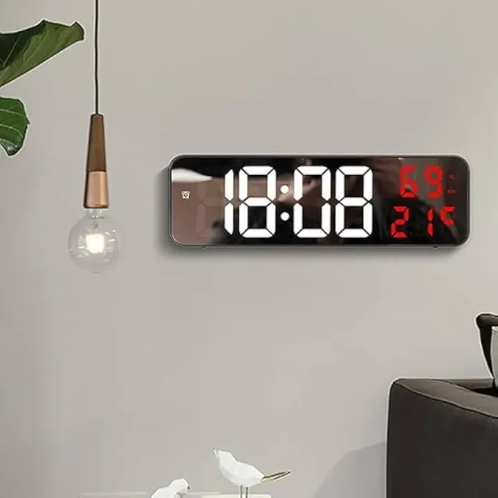 Digital LED Alarm Wall Clock Mirror Display with Temperature, Humidity ...