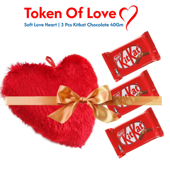 Token of Love: Red Heart-Shaped Soft Toy Pillow + 3 Nestle KitKat (40g Each) - Perfect Gift for ...