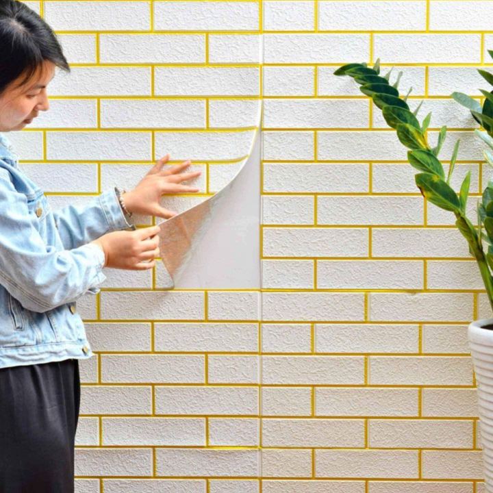 Stunning 3D White Brick Wall Foam With Soft Texture And Elegant Gold ...